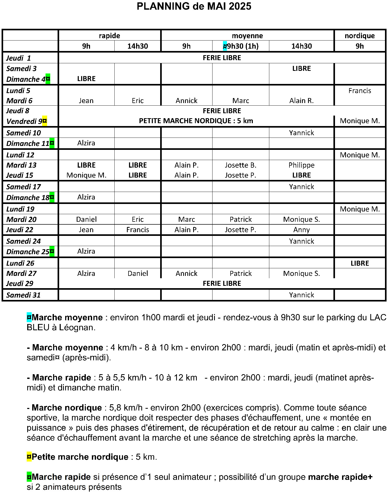 Planning de mai 2025 - Marche et découvertes